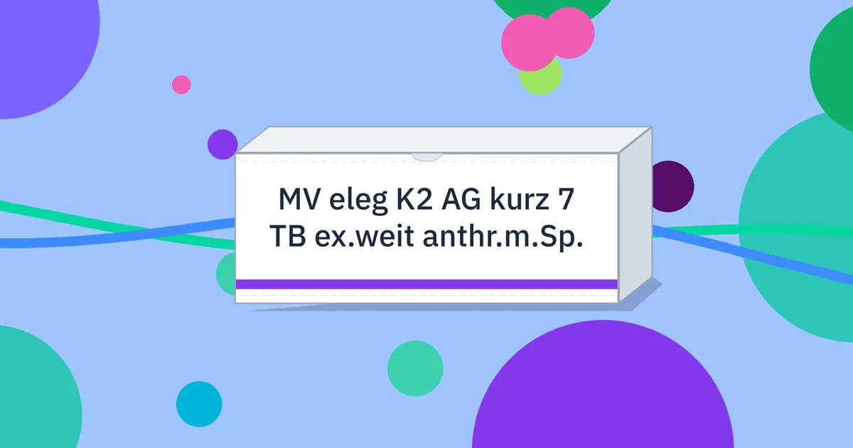 Symbolbild: Packung mit der Aufschrift MV eleg K2 AG kurz 7 TB ex.weit anthr.m.Sp. (PZN 09879809) – Verfügbarkeit und Bezug in Apotheken in Frankfurt am Main