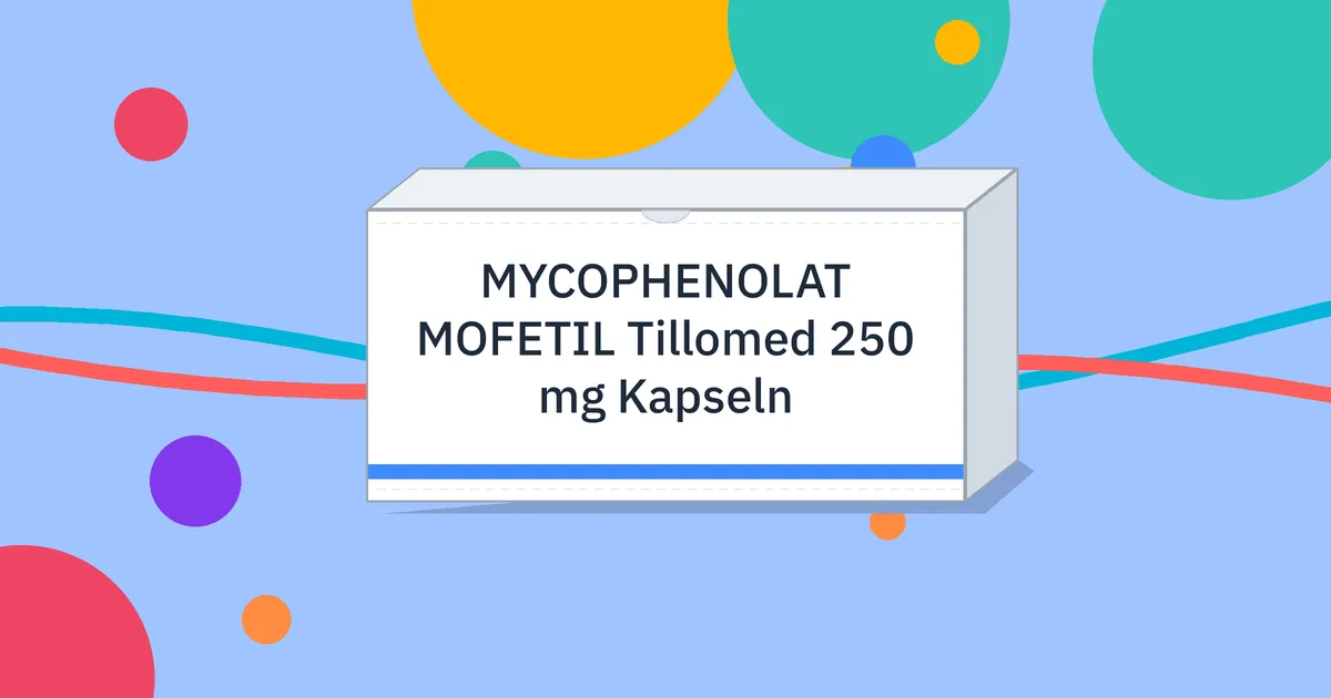 Symbolbild: Packung mit der Aufschrift MYCOPHENOLAT MOFETIL Tillomed 250 mg Kapseln (PZN 15635276) – Verfügbarkeit und Bezug in Apotheken in Frankfurt am Main