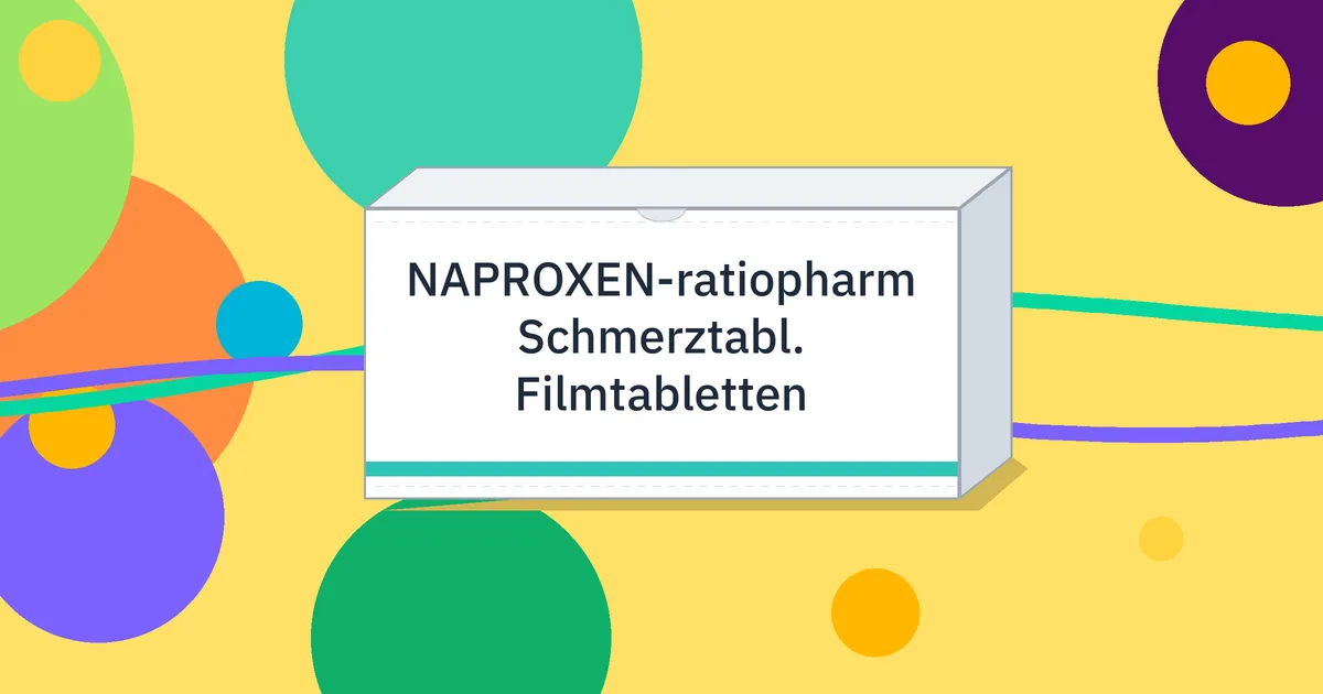 Symbolbild: Packung mit der Aufschrift NAPROXEN-ratiopharm Schmerztabl. Filmtabletten (PZN 02220326) – Verfügbarkeit und Bezug in Apotheken in Frankfurt am Main