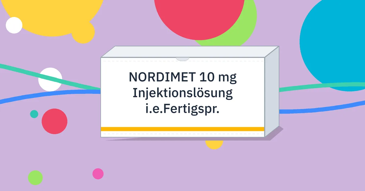 Symbolbild: Packung mit der Aufschrift NORDIMET 10 mg Injektionslösung i.e.Fertigspr. (PZN 15264733) – Verfügbarkeit und Bezug in Apotheken in Frankfurt am Main