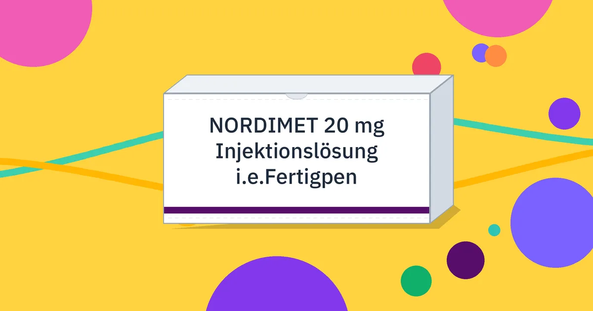 Symbolbild: Packung mit der Aufschrift NORDIMET 20 mg Injektionslösung i.e.Fertigpen (PZN 15264584) – Verfügbarkeit und Bezug in Apotheken in Frankfurt am Main