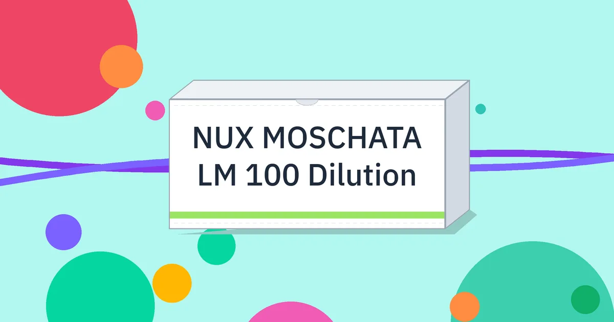 Symbolbild: Packung mit der Aufschrift NUX MOSCHATA LM 100 Dilution (PZN 12970241) – Verfügbarkeit und Bezug in Apotheken in Frankfurt am Main