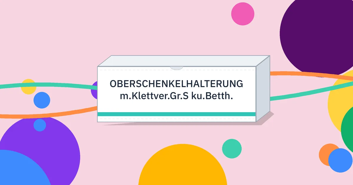 Symbolbild: Packung mit der Aufschrift OBERSCHENKELHALTERUNG m.Klettver.Gr.S ku.Betth. (PZN 13585657) – Verfügbarkeit und Bezug in Apotheken in Frankfurt am Main