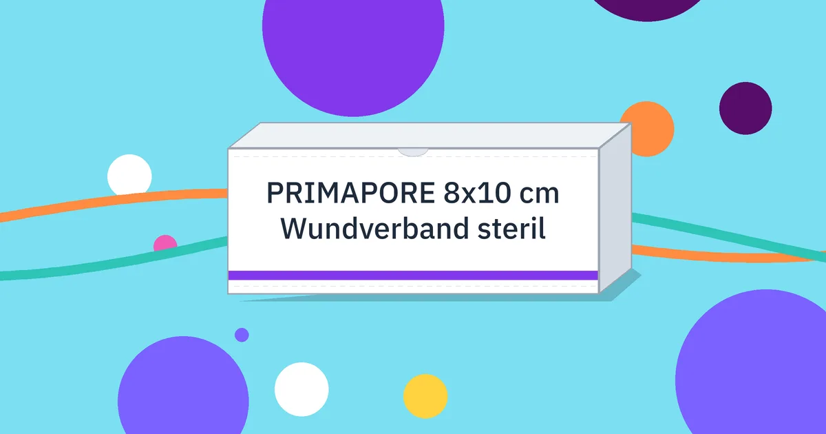 Symbolbild: Packung mit der Aufschrift PRIMAPORE 8x10 cm Wundverband steril (PZN 16165097) – Verfügbarkeit und Bezug in Apotheken in Frankfurt am Main