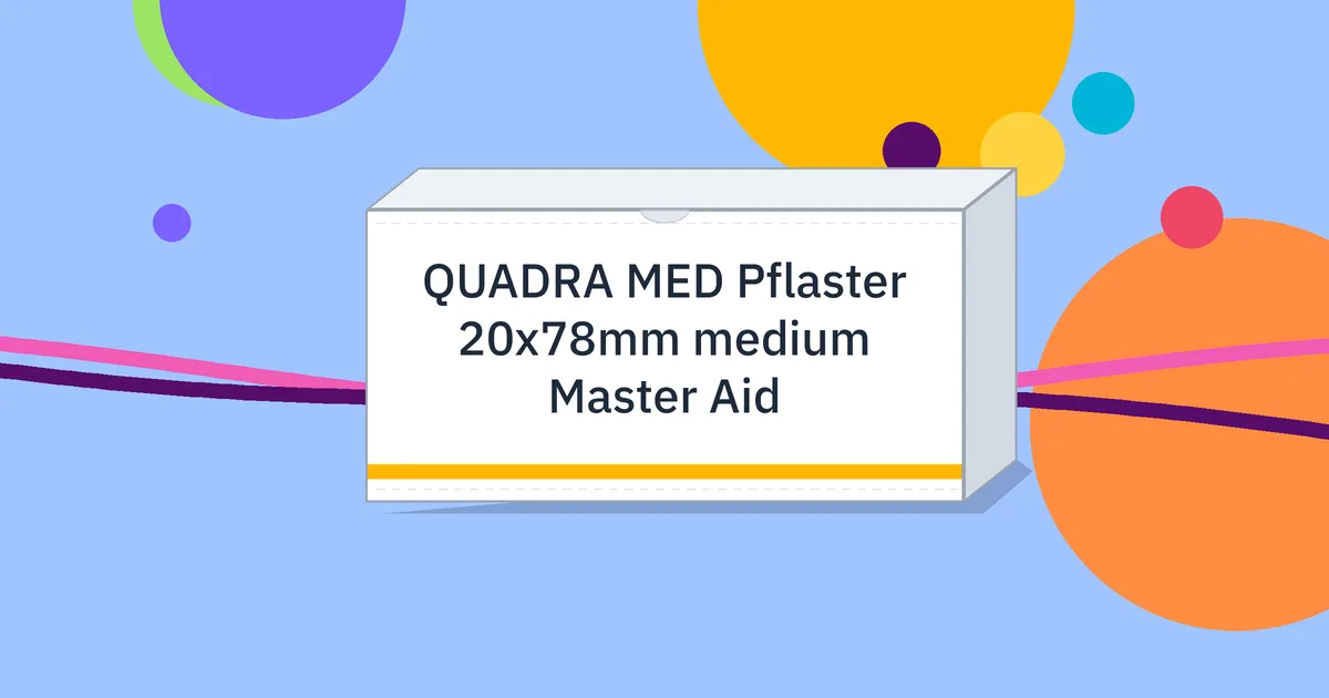 Symbolbild: Packung mit der Aufschrift QUADRA MED Pflaster 20x78mm medium Master Aid (PZN 20047564) – Verfügbarkeit und Bezug in Apotheken in Frankfurt am Main