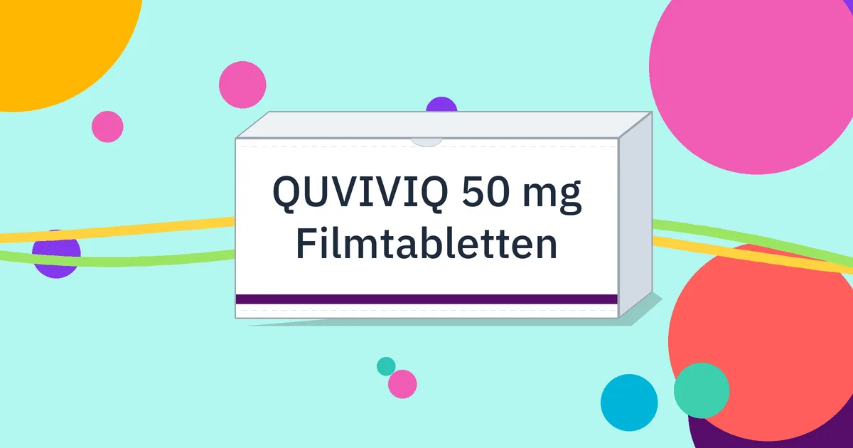 Symbolbild: Packung mit der Aufschrift QUVIVIQ 50 mg Filmtabletten (PZN 20039168) – Verfügbarkeit und Bezug in Apotheken in Frankfurt am Main