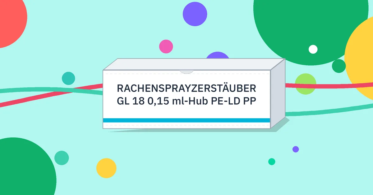 Symbolbild: Packung mit der Aufschrift RACHENSPRAYZERSTÄUBER GL 18 0,15 ml-Hub PE-LD PP (PZN 17922790) – Verfügbarkeit und Bezug in Apotheken in Frankfurt am Main