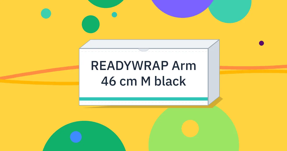 Symbolbild: Packung mit der Aufschrift READYWRAP Arm 46 cm M black (PZN 16567312) – Verfügbarkeit und Bezug in Apotheken in Frankfurt am Main