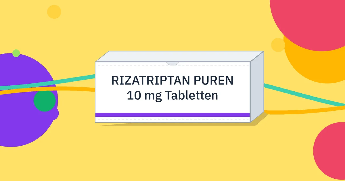 Symbolbild: Packung mit der Aufschrift RIZATRIPTAN PUREN 10 mg Tabletten (PZN 14299149) – Verfügbarkeit und Bezug in Apotheken in Frankfurt am Main