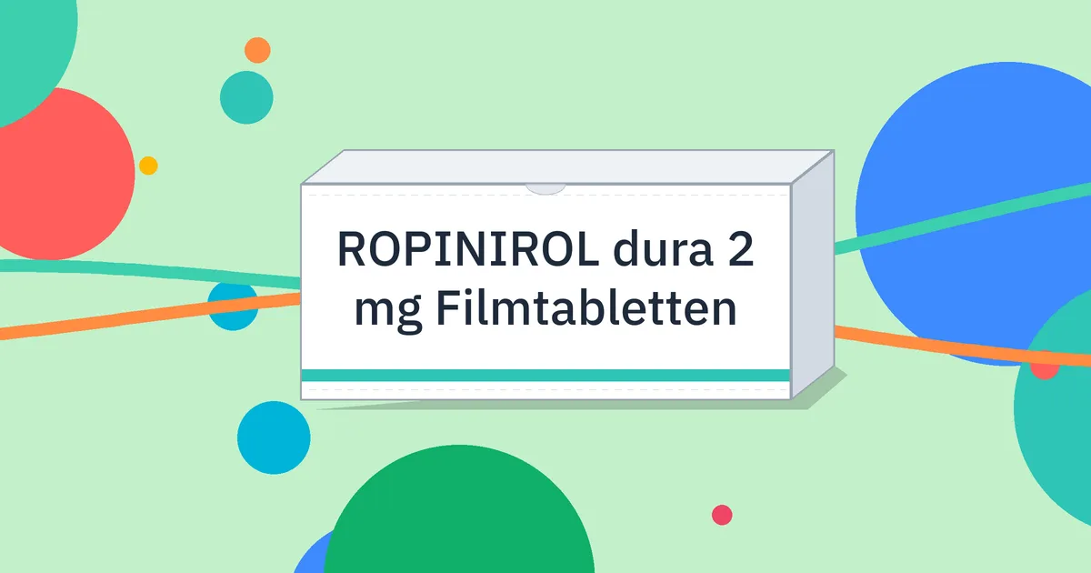 Symbolbild: Packung mit der Aufschrift ROPINIROL dura 2 mg Filmtabletten (PZN 12635494) – Verfügbarkeit und Bezug in Apotheken in Frankfurt am Main