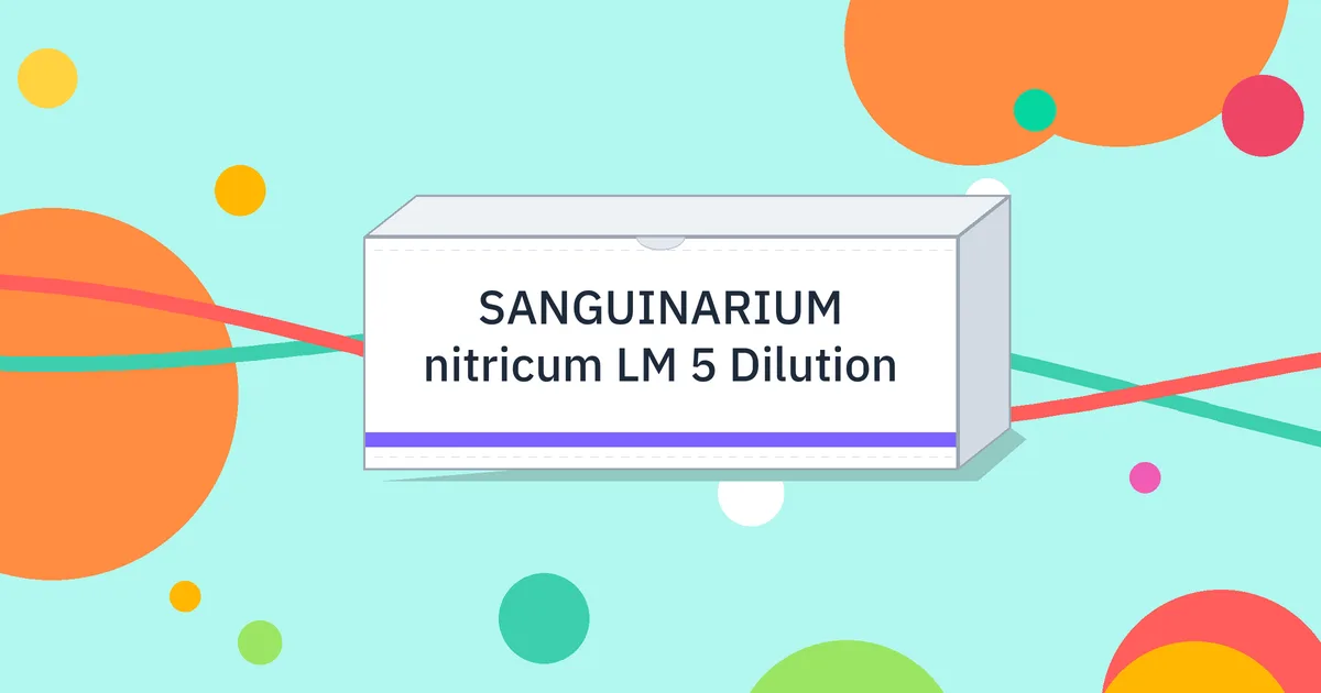 Symbolbild: Packung mit der Aufschrift SANGUINARIUM nitricum LM 5 Dilution (PZN 13181629) – Verfügbarkeit und Bezug in Apotheken in Frankfurt am Main