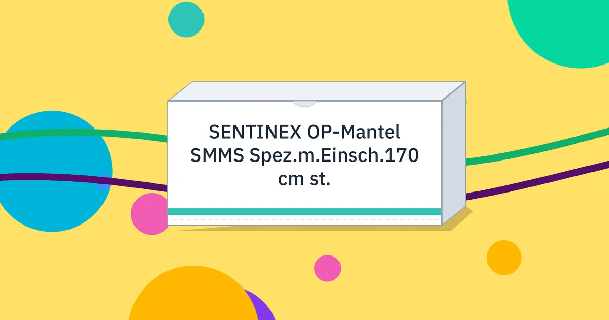 Symbolbild: Packung mit der Aufschrift SENTINEX OP-Mantel SMMS Spez.m.Einsch.170 cm st. (PZN 03164245) – Verfügbarkeit und Bezug in Apotheken in Frankfurt am Main
