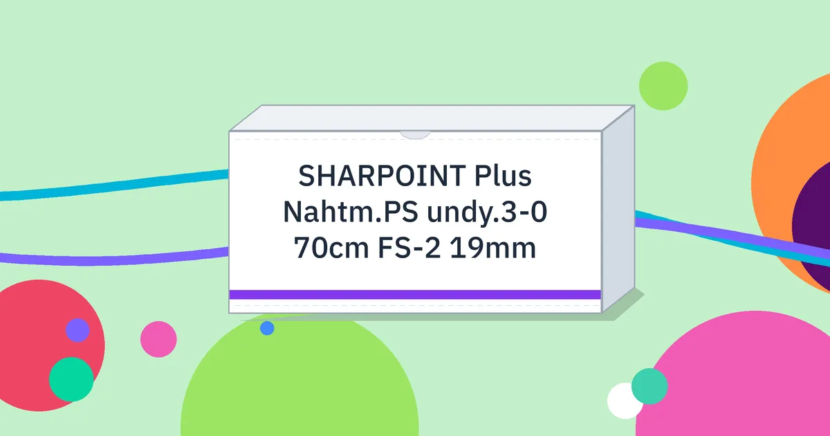 Symbolbild: Packung mit der Aufschrift SHARPOINT Plus Nahtm.PS undy.3-0 70cm FS-2 19mm (PZN 17995398) – Verfügbarkeit und Bezug in Apotheken in Frankfurt am Main