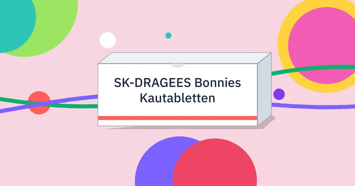 Symbolbild: Packung mit der Aufschrift SK-DRAGEES Bonnies Kautabletten (PZN 13978670) – Verfügbarkeit und Bezug in Apotheken in Frankfurt am Main