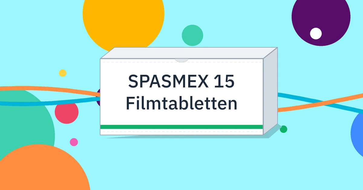 Symbolbild: Packung mit der Aufschrift SPASMEX 15 Filmtabletten (PZN 03748532) – Verfügbarkeit und Bezug in Apotheken in Frankfurt am Main
