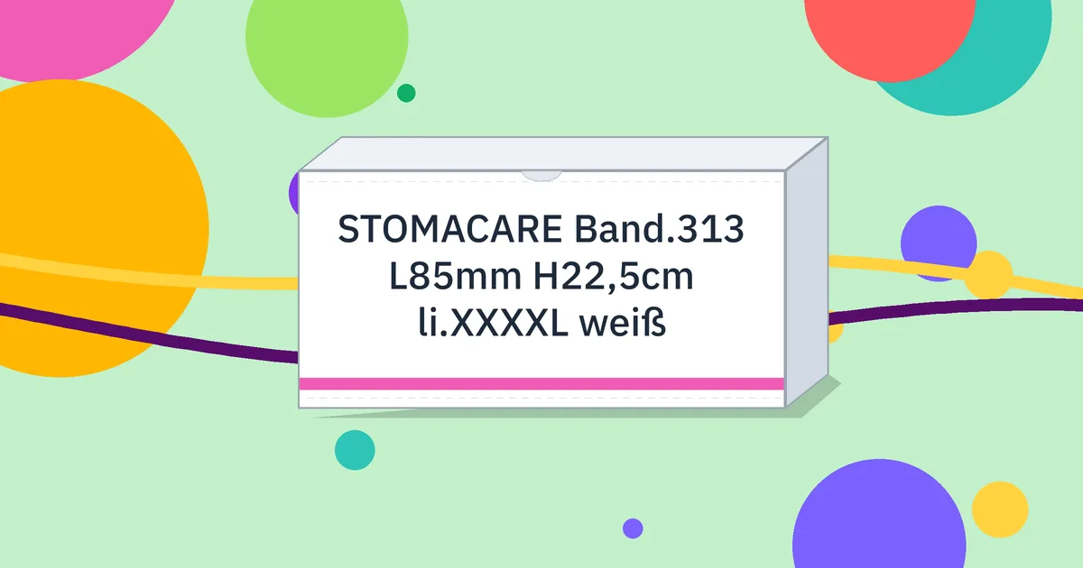 Symbolbild: Packung mit der Aufschrift STOMACARE Band.313 L85mm H22,5cm li.XXXXL weiß (PZN 09436905) – Verfügbarkeit und Bezug in Apotheken in Frankfurt am Main