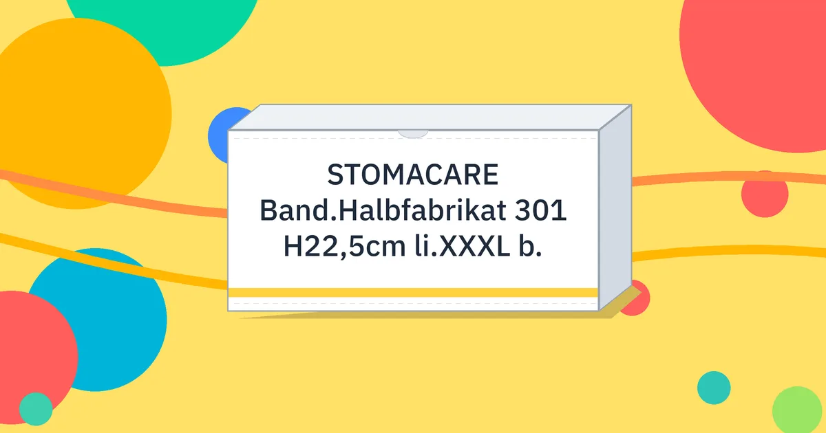 Symbolbild: Packung mit der Aufschrift STOMACARE Band.Halbfabrikat 301 H22,5cm li.XXXL b. (PZN 07664565) – Verfügbarkeit und Bezug in Apotheken in Frankfurt am Main
