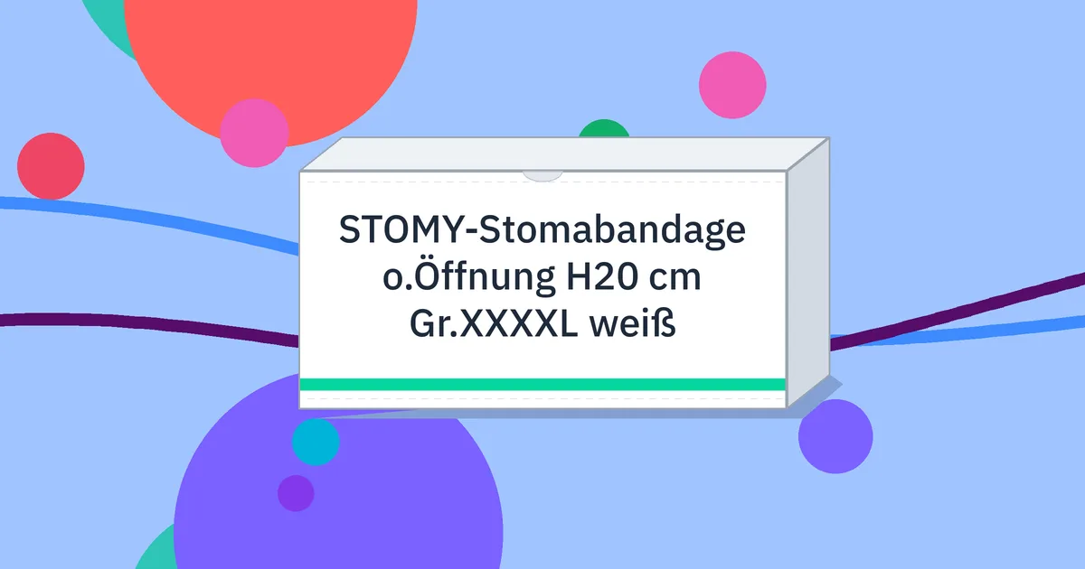 Symbolbild: Packung mit der Aufschrift STOMY-Stomabandage o.Öffnung H20 cm Gr.XXXXL weiß (PZN 16751441) – Verfügbarkeit und Bezug in Apotheken in Frankfurt am Main