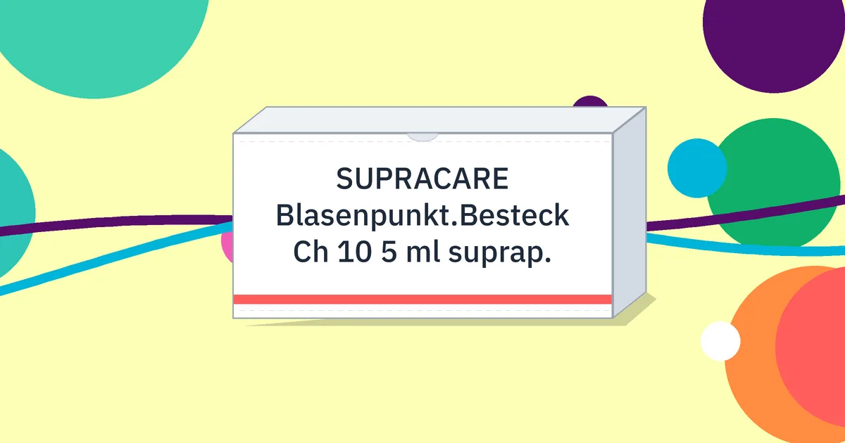 Symbolbild: Packung mit der Aufschrift SUPRACARE Blasenpunkt.Besteck Ch 10 5 ml suprap. (PZN 04505783) – Verfügbarkeit und Bezug in Apotheken in Frankfurt am Main