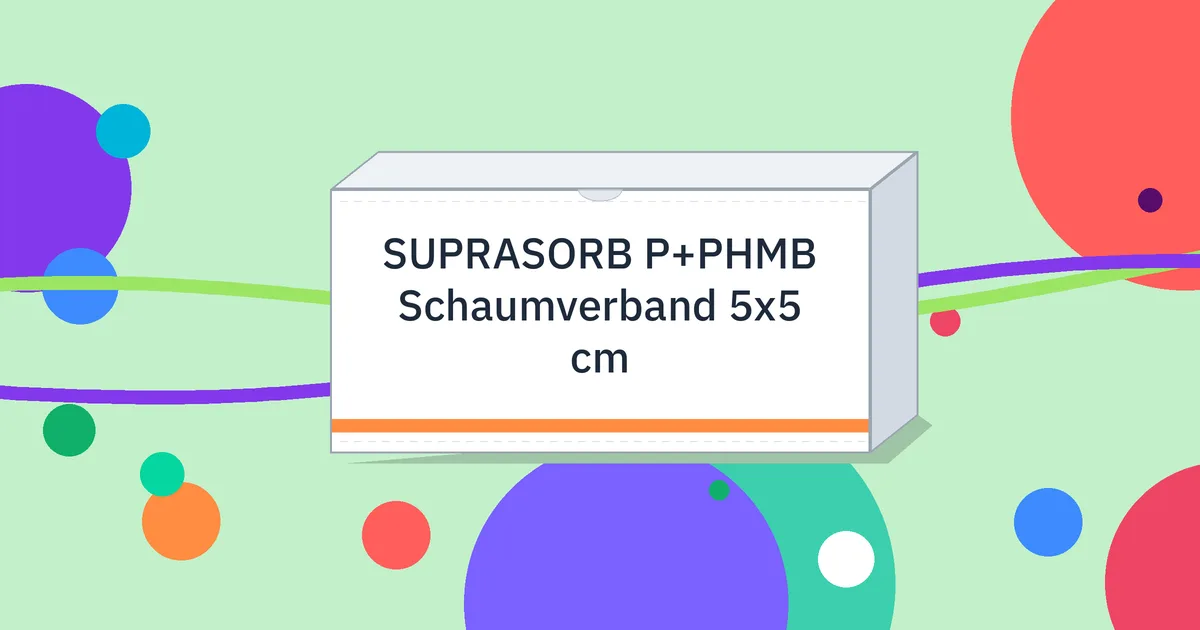 Symbolbild: Packung mit der Aufschrift SUPRASORB P+PHMB Schaumverband 5x5 cm (PZN 10042784) – Verfügbarkeit und Bezug in Apotheken in Frankfurt am Main