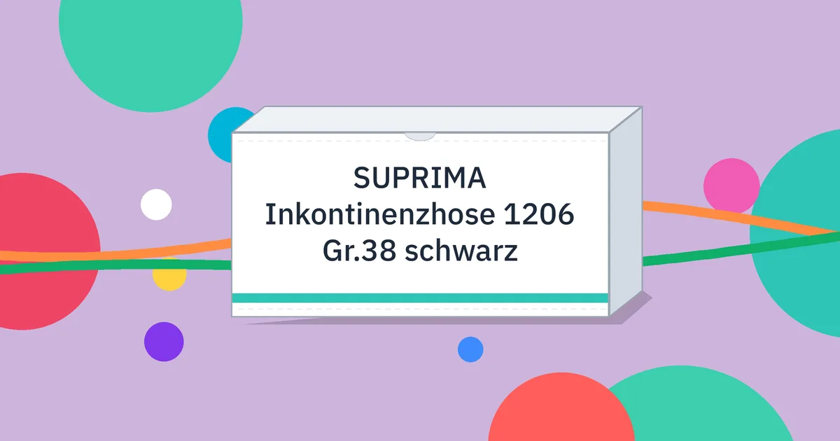 Symbolbild: Packung mit der Aufschrift SUPRIMA Inkontinenzhose 1206 Gr.38 schwarz (PZN 01514155) – Verfügbarkeit und Bezug in Apotheken in Frankfurt am Main