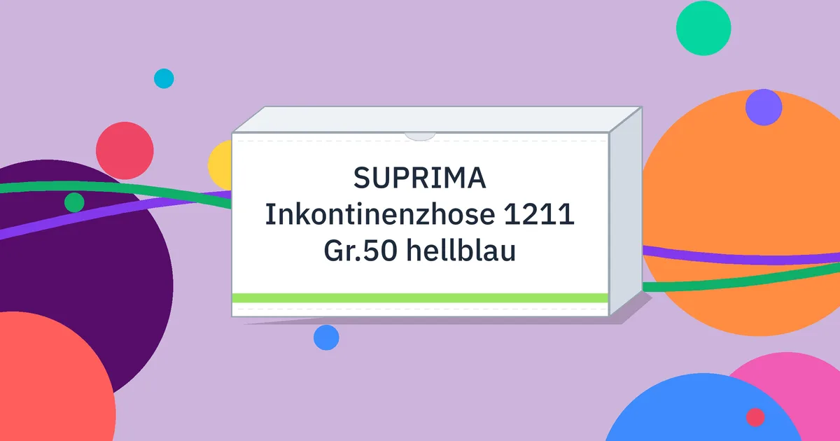 Symbolbild: Packung mit der Aufschrift SUPRIMA Inkontinenzhose 1211 Gr.50 hellblau (PZN 03024136) – Verfügbarkeit und Bezug in Apotheken in Frankfurt am Main