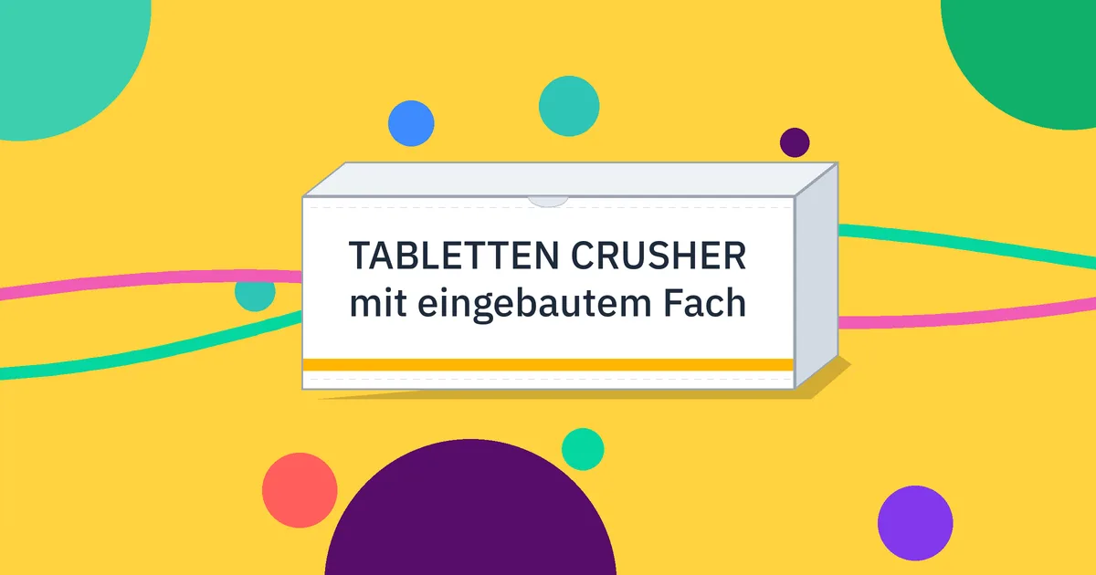 Symbolbild: Packung mit der Aufschrift TABLETTEN CRUSHER mit eingebautem Fach (PZN 16239915) – Verfügbarkeit und Bezug in Apotheken in Frankfurt am Main