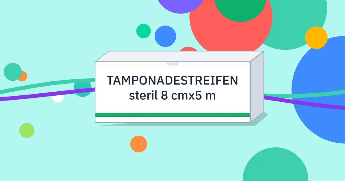 Symbolbild: Packung mit der Aufschrift TAMPONADESTREIFEN steril 8 cmx5 m (PZN 14040977) – Verfügbarkeit und Bezug in Apotheken in Frankfurt am Main