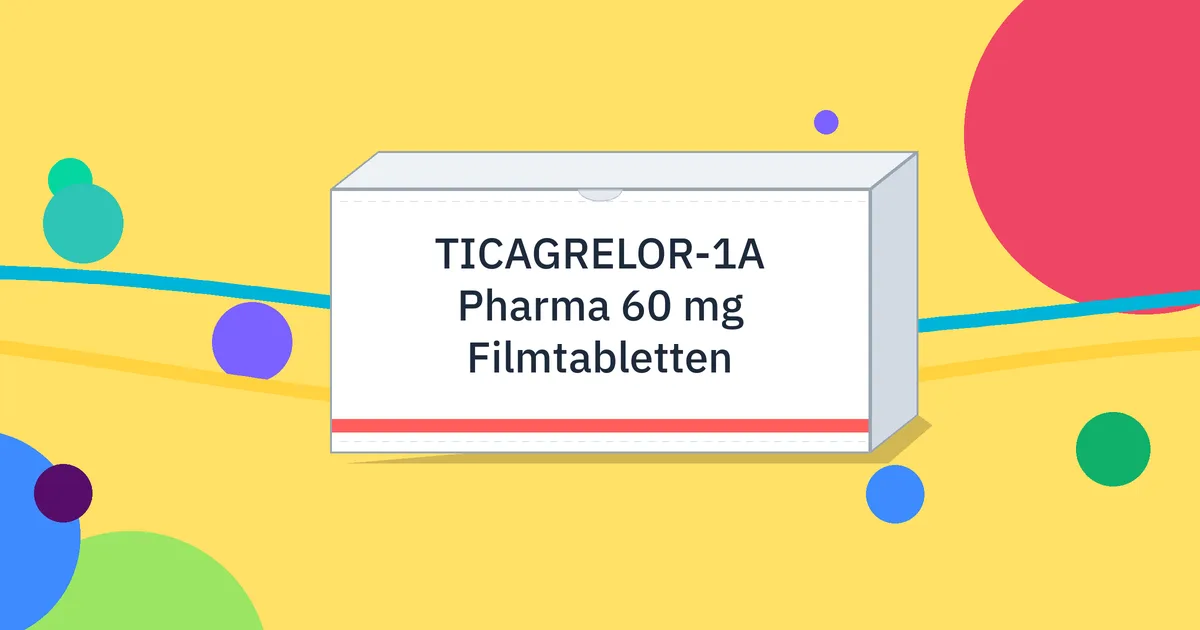 Symbolbild: Packung mit der Aufschrift TICAGRELOR-1A Pharma 60 mg Filmtabletten (PZN 19399246) – Verfügbarkeit und Bezug in Apotheken in Frankfurt am Main