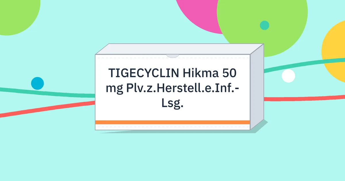 Symbolbild: Packung mit der Aufschrift TIGECYCLIN Hikma 50 mg Plv.z.Herstell.e.Inf.-Lsg. (PZN 18840410) – Verfügbarkeit und Bezug in Apotheken in Frankfurt am Main