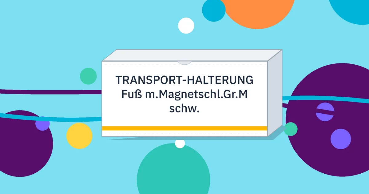 Symbolbild: Packung mit der Aufschrift TRANSPORT-HALTERUNG Fuß m.Magnetschl.Gr.M schw. (PZN 17280009) – Verfügbarkeit und Bezug in Apotheken in Frankfurt am Main
