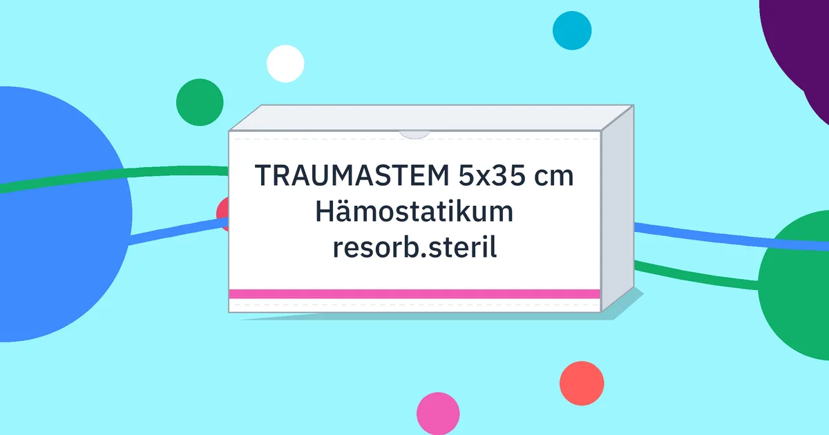 Symbolbild: Packung mit der Aufschrift TRAUMASTEM 5x35 cm Hämostatikum resorb.steril (PZN 20387892) – Verfügbarkeit und Bezug in Apotheken in Frankfurt am Main