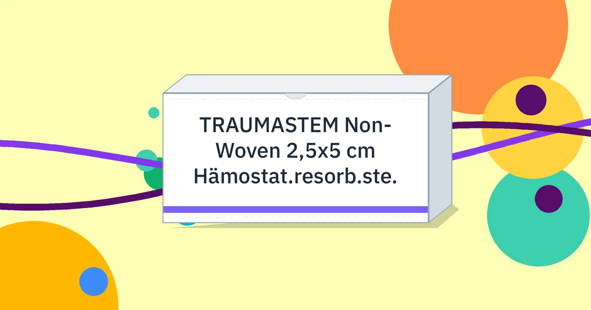 Symbolbild: Packung mit der Aufschrift TRAUMASTEM Non-Woven 2,5x5 cm Hämostat.resorb.ste. (PZN 20387946) – Verfügbarkeit und Bezug in Apotheken in Frankfurt am Main