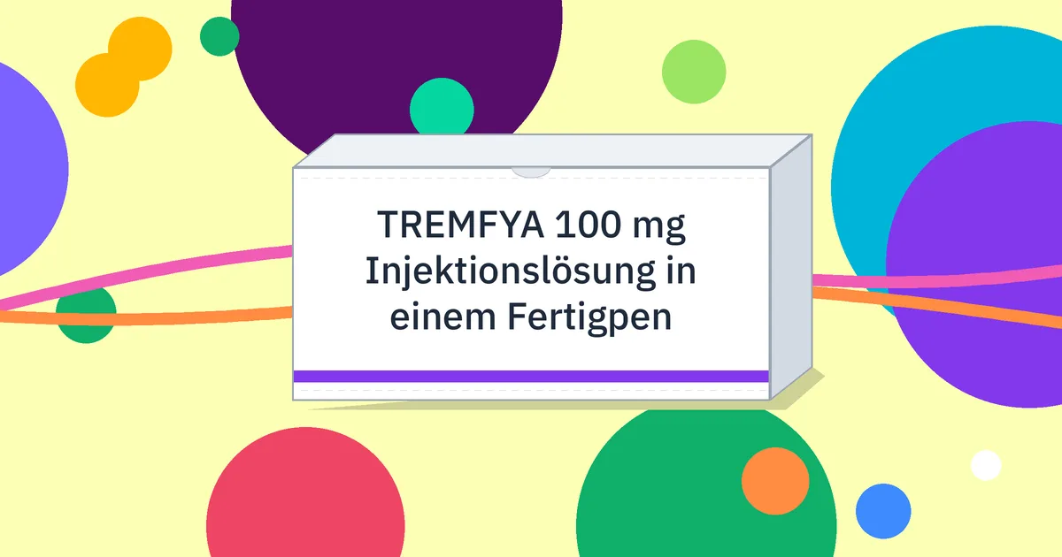 Symbolbild: Packung mit der Aufschrift TREMFYA 100 mg Injektionslösung in einem Fertigpen (PZN 15611206) – Verfügbarkeit und Bezug in Apotheken in Frankfurt am Main