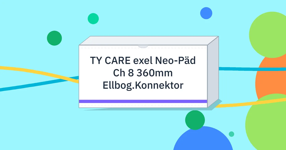 Symbolbild: Packung mit der Aufschrift TY CARE exel Neo-Päd Ch 8 360mm Ellbog.Konnektor (PZN 05486154) – Verfügbarkeit und Bezug in Apotheken in Frankfurt am Main