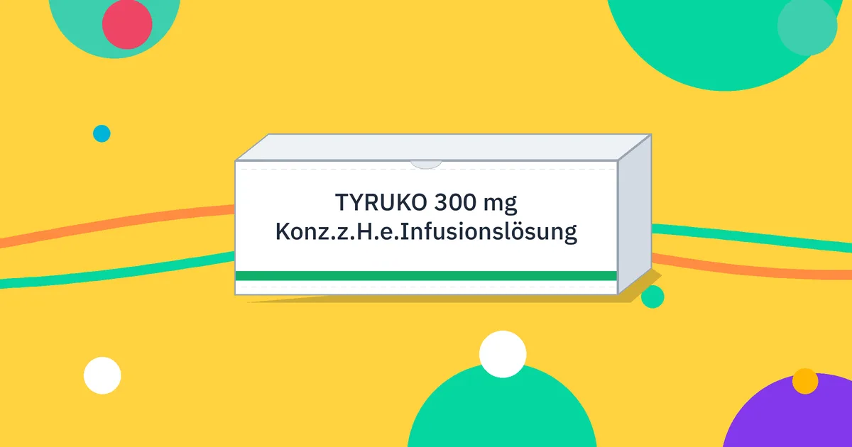 Symbolbild: Packung mit der Aufschrift TYRUKO 300 mg Konz.z.H.e.Infusionslösung (PZN 19374938) – Verfügbarkeit und Bezug in Apotheken in Frankfurt am Main