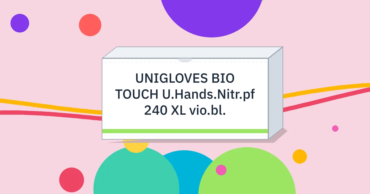 Symbolbild: Packung mit der Aufschrift UNIGLOVES BIO TOUCH U.Hands.Nitr.pf 240 XL vio.bl. (PZN 19638509) – Verfügbarkeit und Bezug in Apotheken in Frankfurt am Main