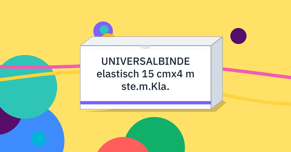 Symbolbild: Packung mit der Aufschrift UNIVERSALBINDE elastisch 15 cmx4 m ste.m.Kla. (PZN 06932070) – Verfügbarkeit und Bezug in Apotheken in Frankfurt am Main