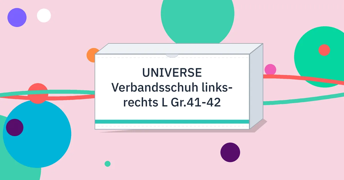 Symbolbild: Packung mit der Aufschrift UNIVERSE Verbandsschuh links-rechts L Gr.41-42 (PZN 17197426) – Verfügbarkeit und Bezug in Apotheken in Frankfurt am Main