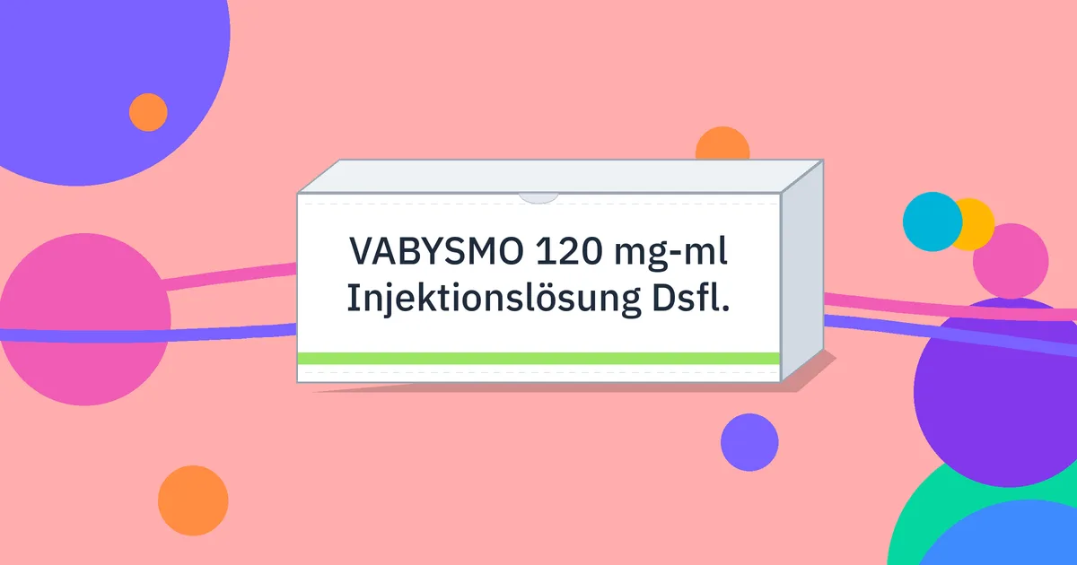 Symbolbild: Packung mit der Aufschrift VABYSMO 120 mg-ml Injektionslösung Dsfl. (PZN 19344699) – Verfügbarkeit und Bezug in Apotheken in Frankfurt am Main
