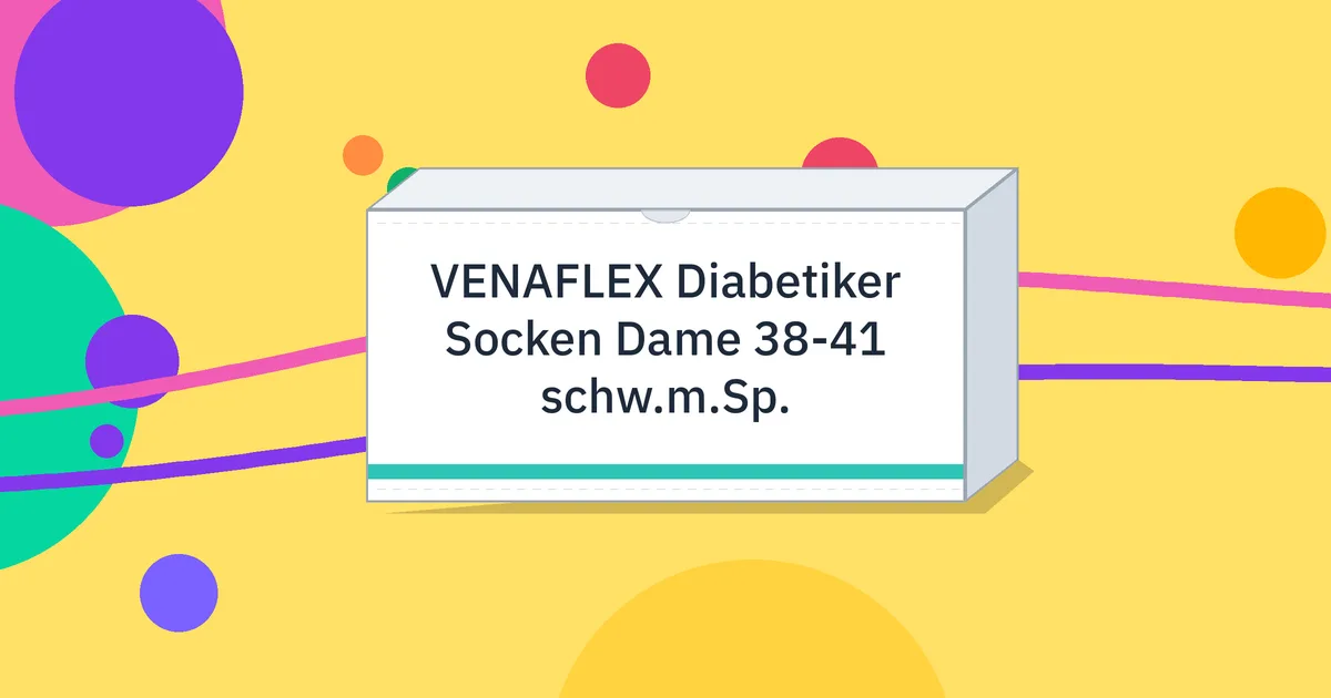 Symbolbild: Packung mit der Aufschrift VENAFLEX Diabetiker Socken Dame 38-41 schw.m.Sp. (PZN 18309399) – Verfügbarkeit und Bezug in Apotheken in Frankfurt am Main