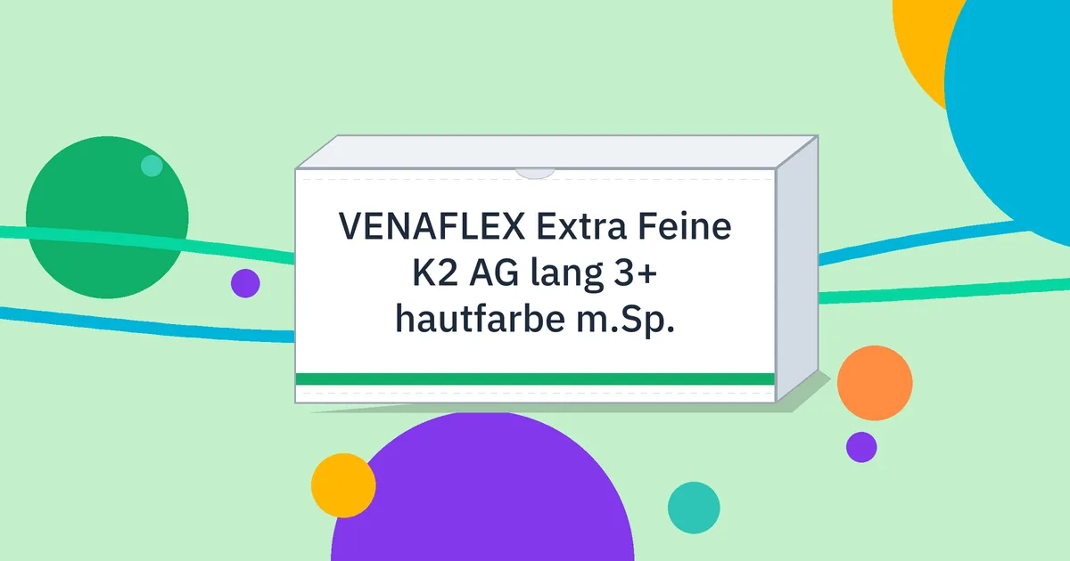 Symbolbild: Packung mit der Aufschrift VENAFLEX Extra Feine K2 AG lang 3+ hautfarbe m.Sp. (PZN 18307839) – Verfügbarkeit und Bezug in Apotheken in Frankfurt am Main