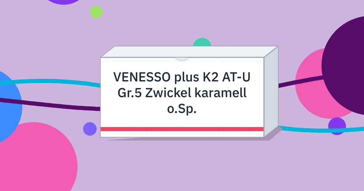 Symbolbild: Packung mit der Aufschrift VENESSO plus K2 AT-U Gr.5 Zwickel karamell o.Sp. (PZN 13759956) – Verfügbarkeit und Bezug in Apotheken in Frankfurt am Main