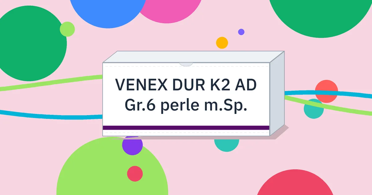 Symbolbild: Packung mit der Aufschrift VENEX DUR K2 AD Gr.6 perle m.Sp. (PZN 03208876) – Verfügbarkeit und Bezug in Apotheken in Frankfurt am Main
