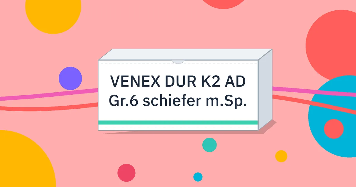 Symbolbild: Packung mit der Aufschrift VENEX DUR K2 AD Gr.6 schiefer m.Sp. (PZN 03209628) – Verfügbarkeit und Bezug in Apotheken in Frankfurt am Main