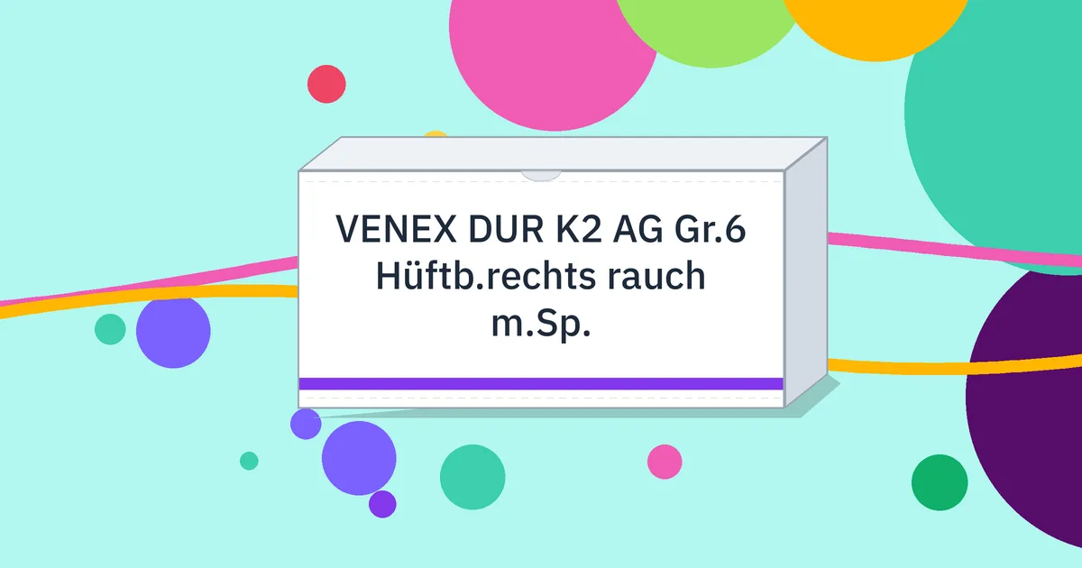 Symbolbild: Packung mit der Aufschrift VENEX DUR K2 AG Gr.6 Hüftb.rechts rauch m.Sp. (PZN 03228241) – Verfügbarkeit und Bezug in Apotheken in Frankfurt am Main