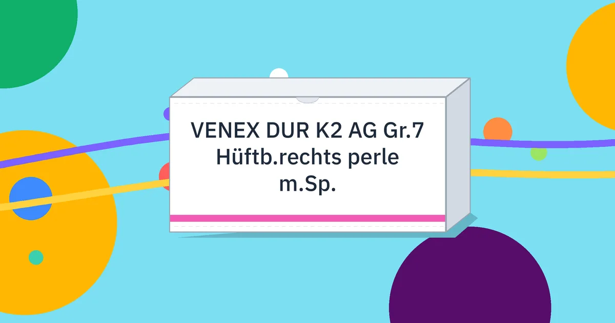 Symbolbild: Packung mit der Aufschrift VENEX DUR K2 AG Gr.7 Hüftb.rechts perle m.Sp. (PZN 03228560) – Verfügbarkeit und Bezug in Apotheken in Frankfurt am Main