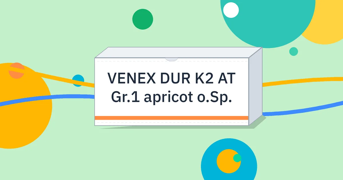 Symbolbild: Packung mit der Aufschrift VENEX DUR K2 AT Gr.1 apricot o.Sp. (PZN 03223344) – Verfügbarkeit und Bezug in Apotheken in Frankfurt am Main