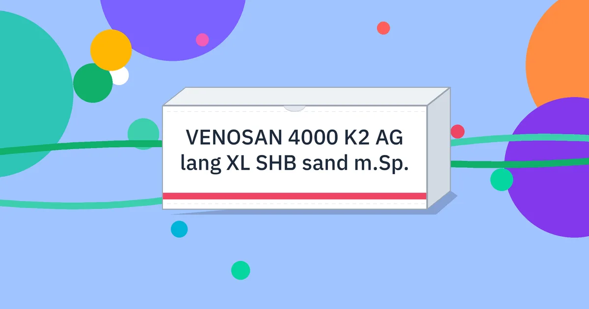 Symbolbild: Packung mit der Aufschrift VENOSAN 4000 K2 AG lang XL SHB sand m.Sp. (PZN 14422650) – Verfügbarkeit und Bezug in Apotheken in Frankfurt am Main
