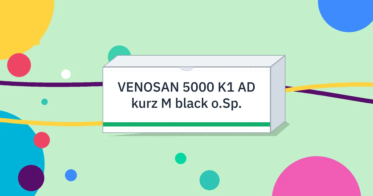 Symbolbild: Packung mit der Aufschrift VENOSAN 5000 K1 AD kurz M black o.Sp. (PZN 14432499) – Verfügbarkeit und Bezug in Apotheken in Frankfurt am Main